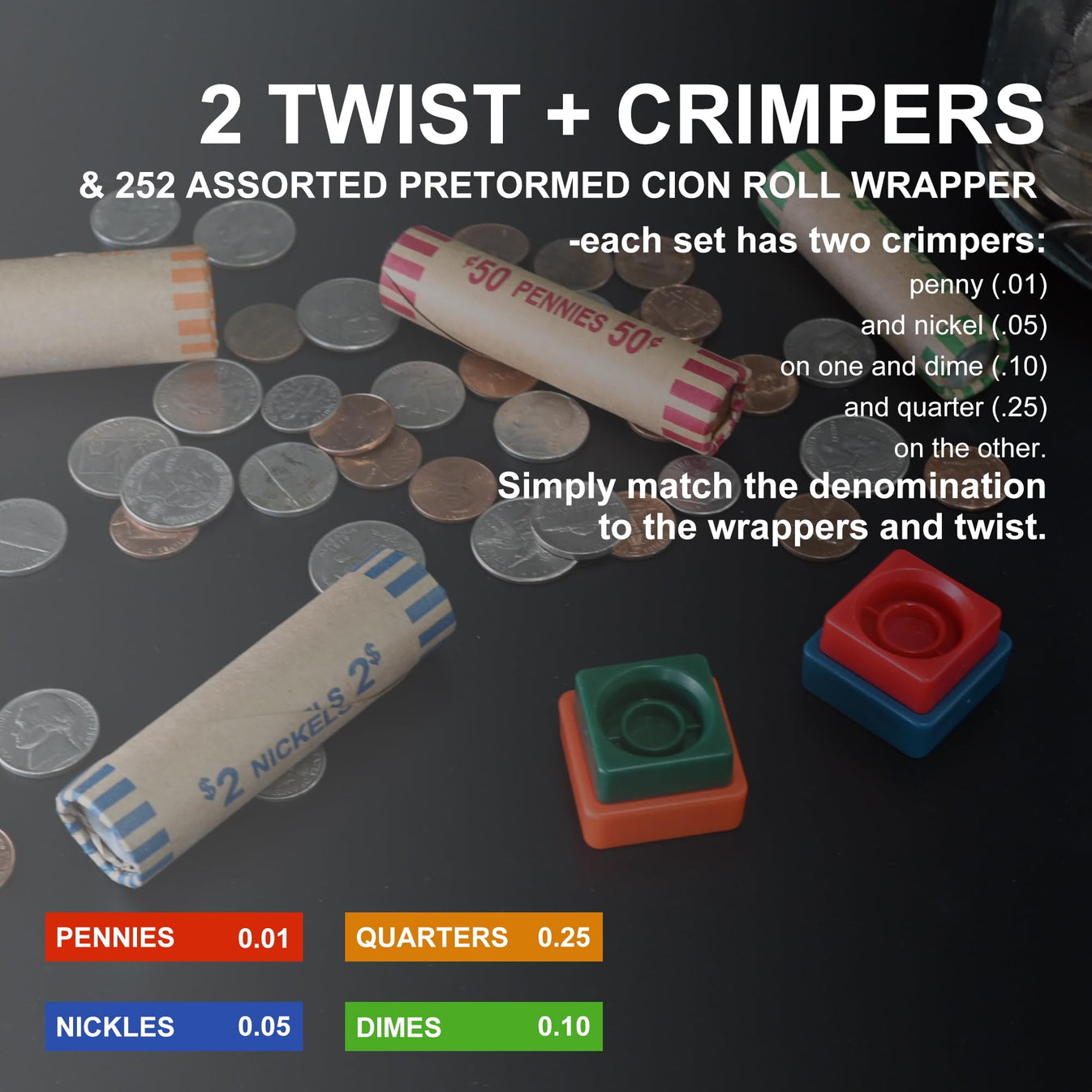 L LIKED 252 Assorted Coin Wrappers Preformed Tubes & 2 Twist N Crimp W ...