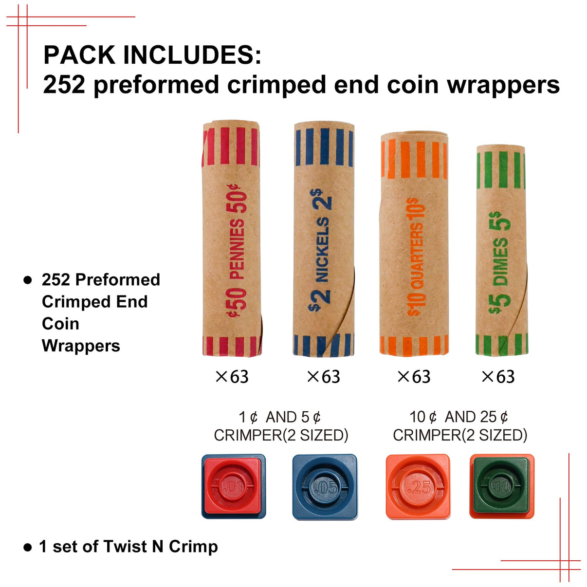 L LIKED 252 Assorted Coin Wrappers Preformed Tubes & 2 Twist N Crimp W ...